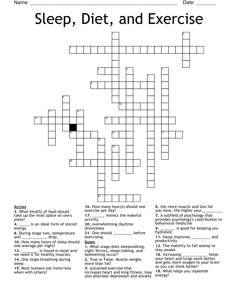 Sleep, Diet, and Exercise Crossword - WordMint