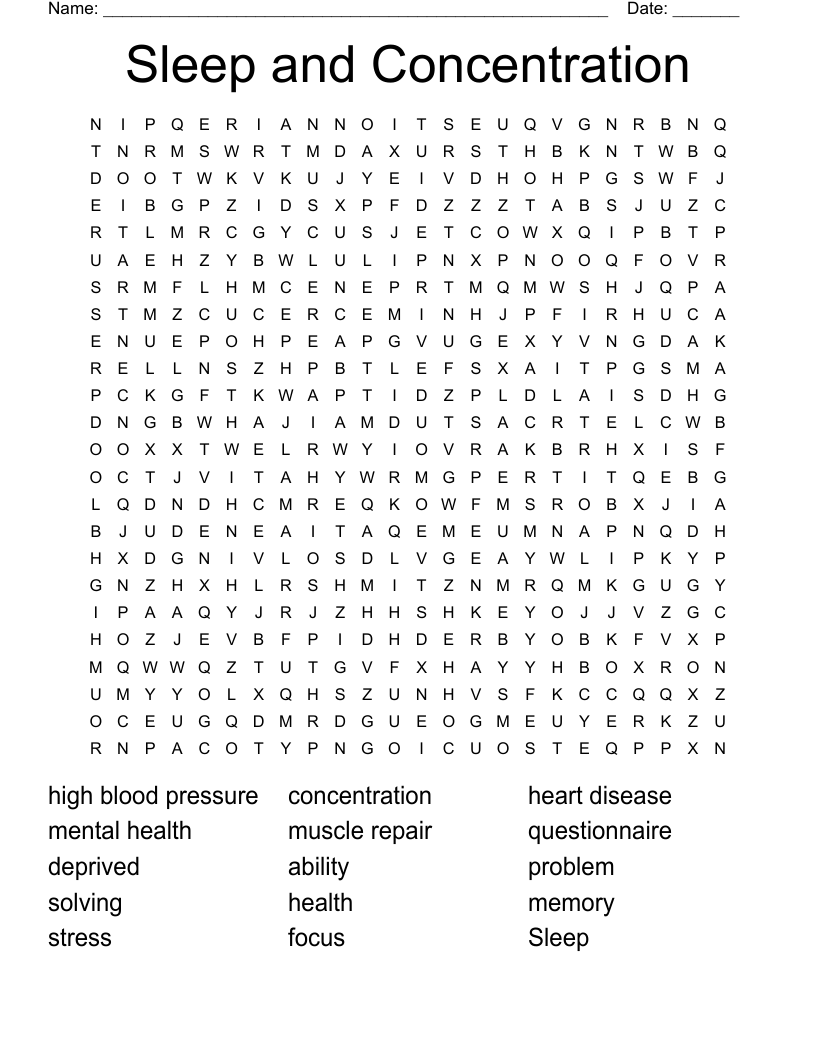 Sleep and Concentration Word Search - WordMint