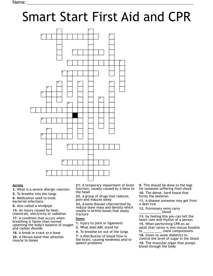 Smart Start First Aid and CPR Crossword - WordMint