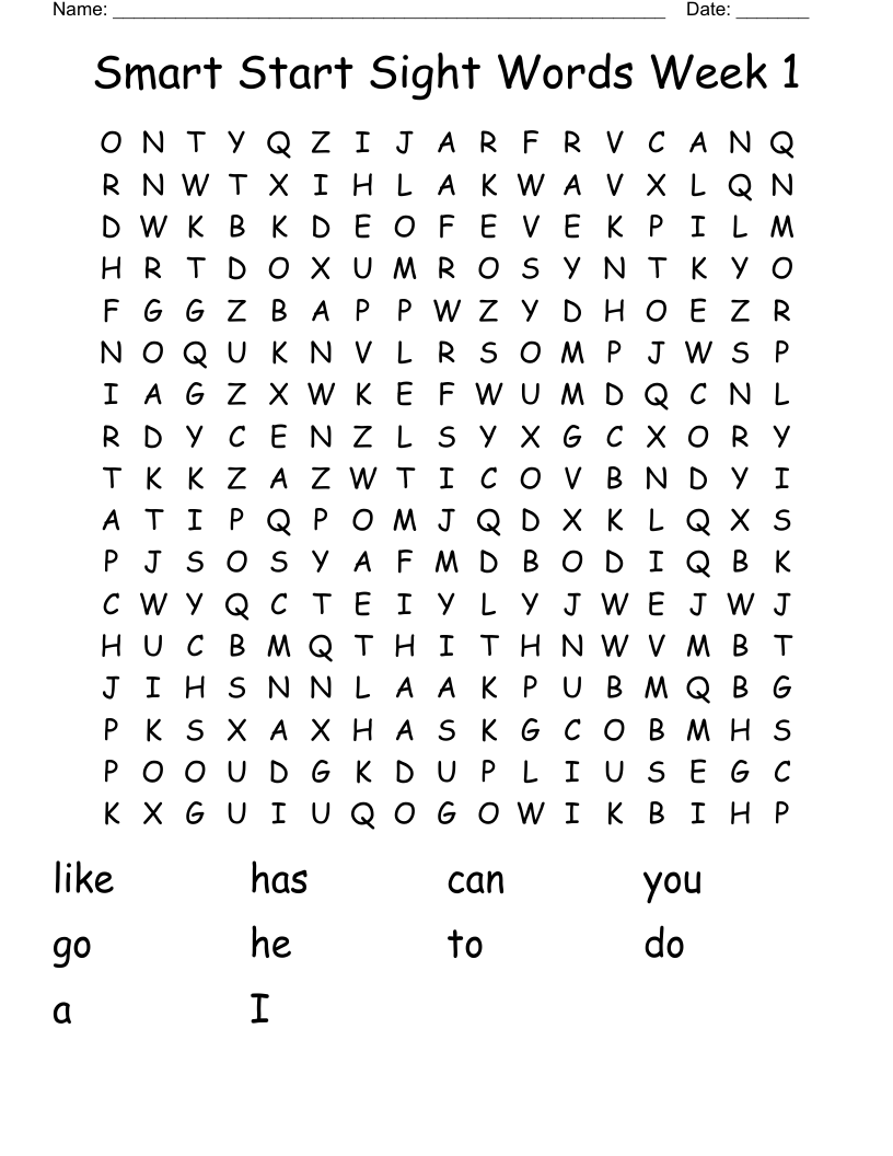 Smart Start Sight Words Week 1 Word Search - WordMint