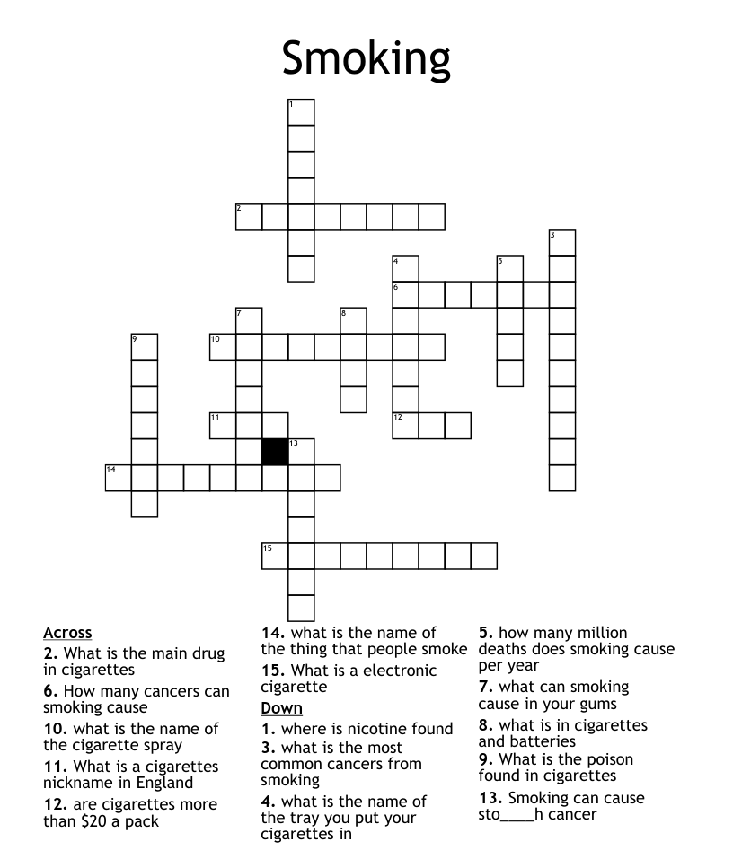 Smoking & Smoking Cessation Crosswords, Word Searches, Bingo Cards ...