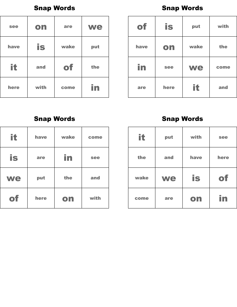 Snap Words Bingo Cards - WordMint