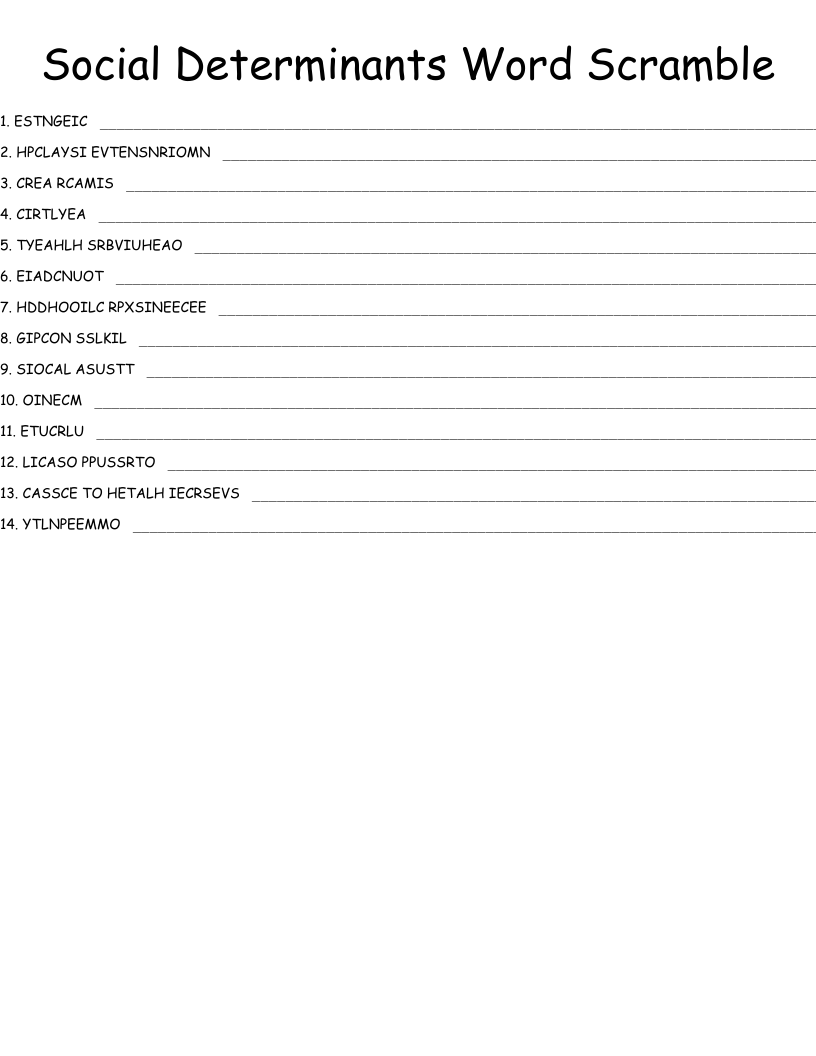 Social Determinants Word Scramble - WordMint