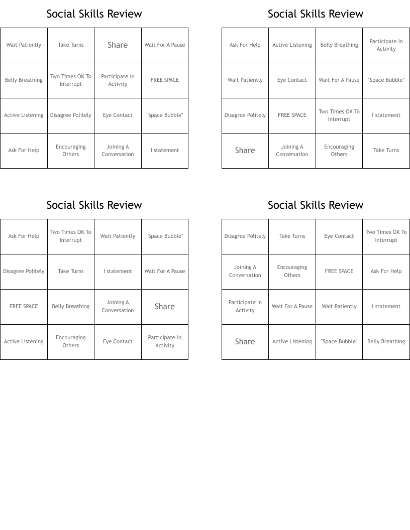 Social Skills Review Bingo Cards WordMint