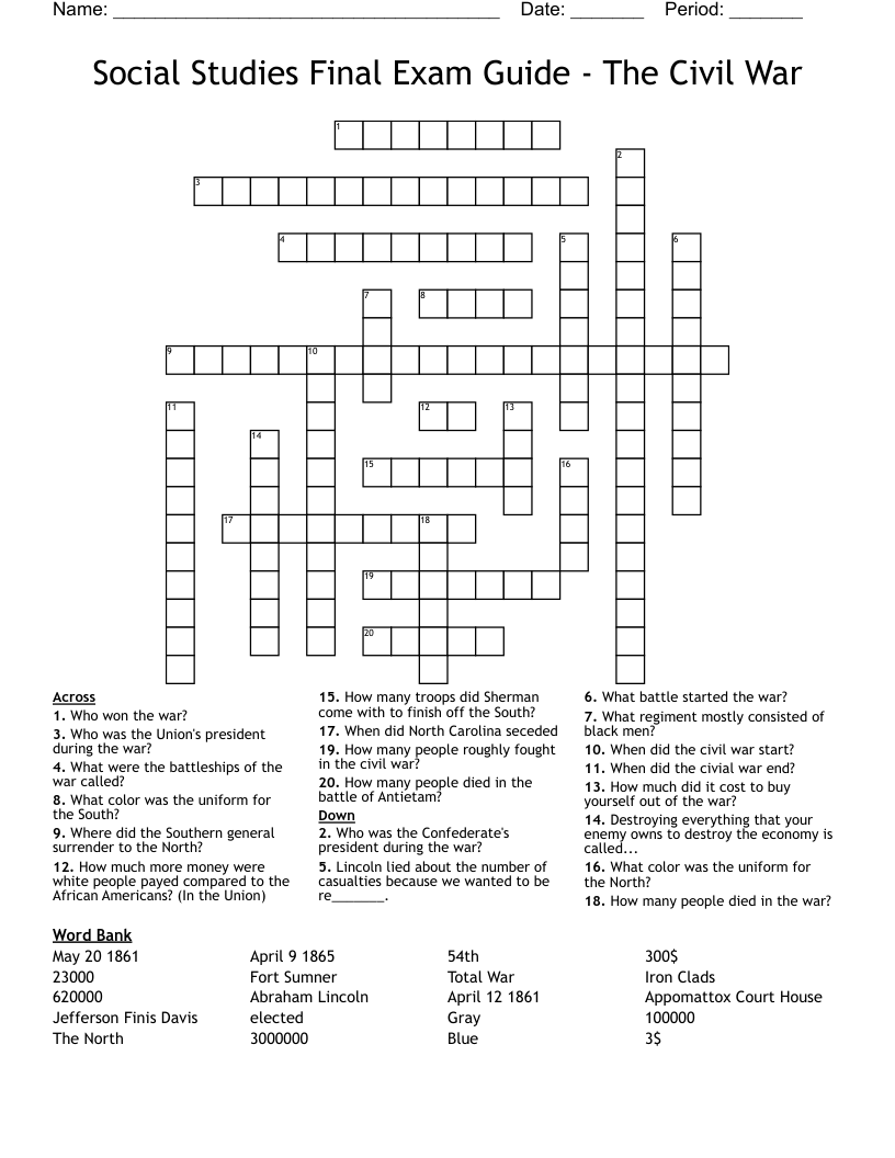 Social Studies Final Exam Guide - The Civil War Crossword - WordMint