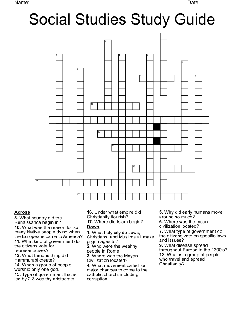 Social Studies Study Guide Crossword - WordMint