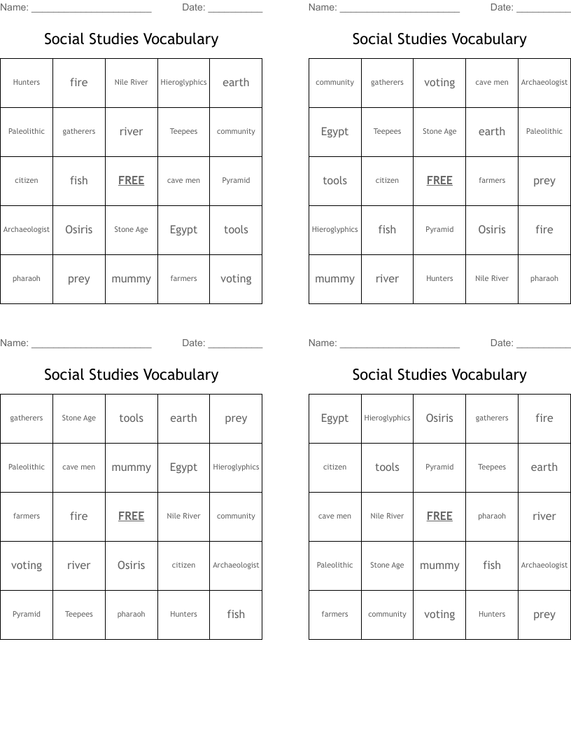 Social Studies Vocabulary Bingo Cards - WordMint