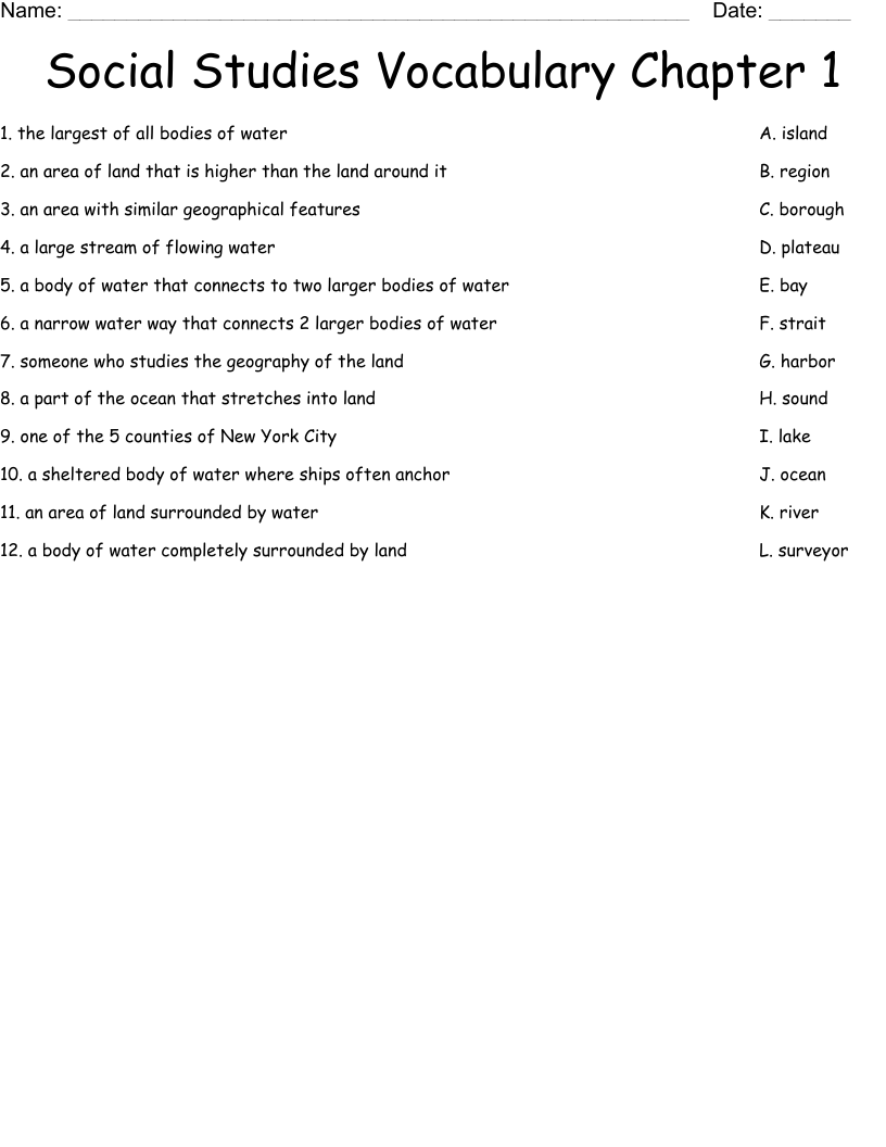 Social Studies Vocabulary Chapter 1 Worksheet - WordMint