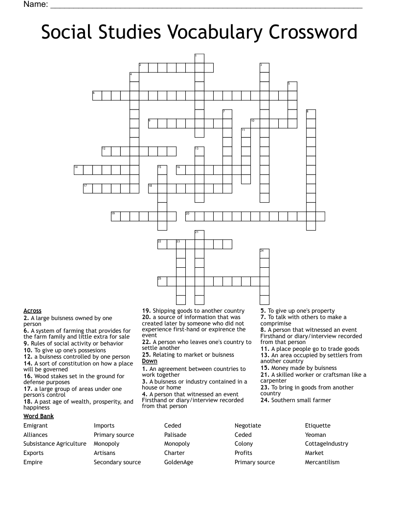 Social Studies Vocabulary Crossword - WordMint