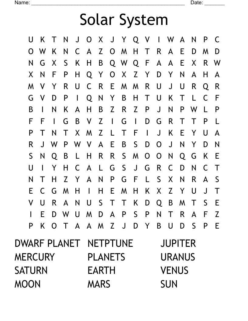 Solar System Word Search - WordMint