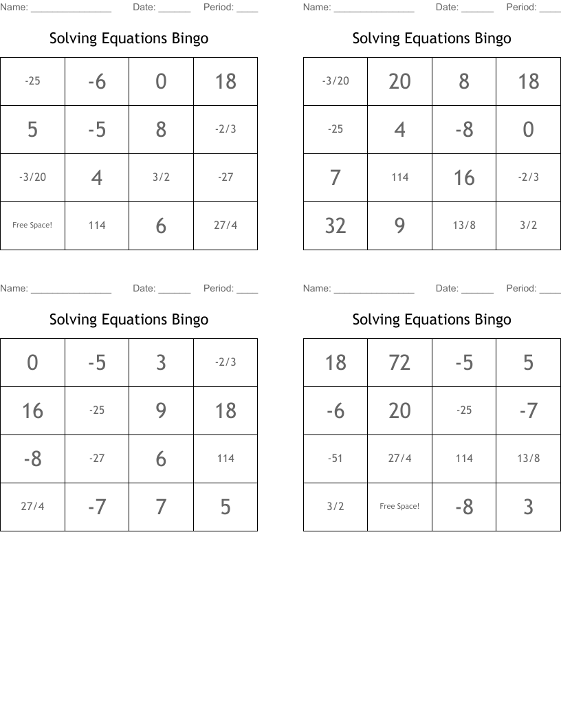 Solving Equations Bingo - WordMint