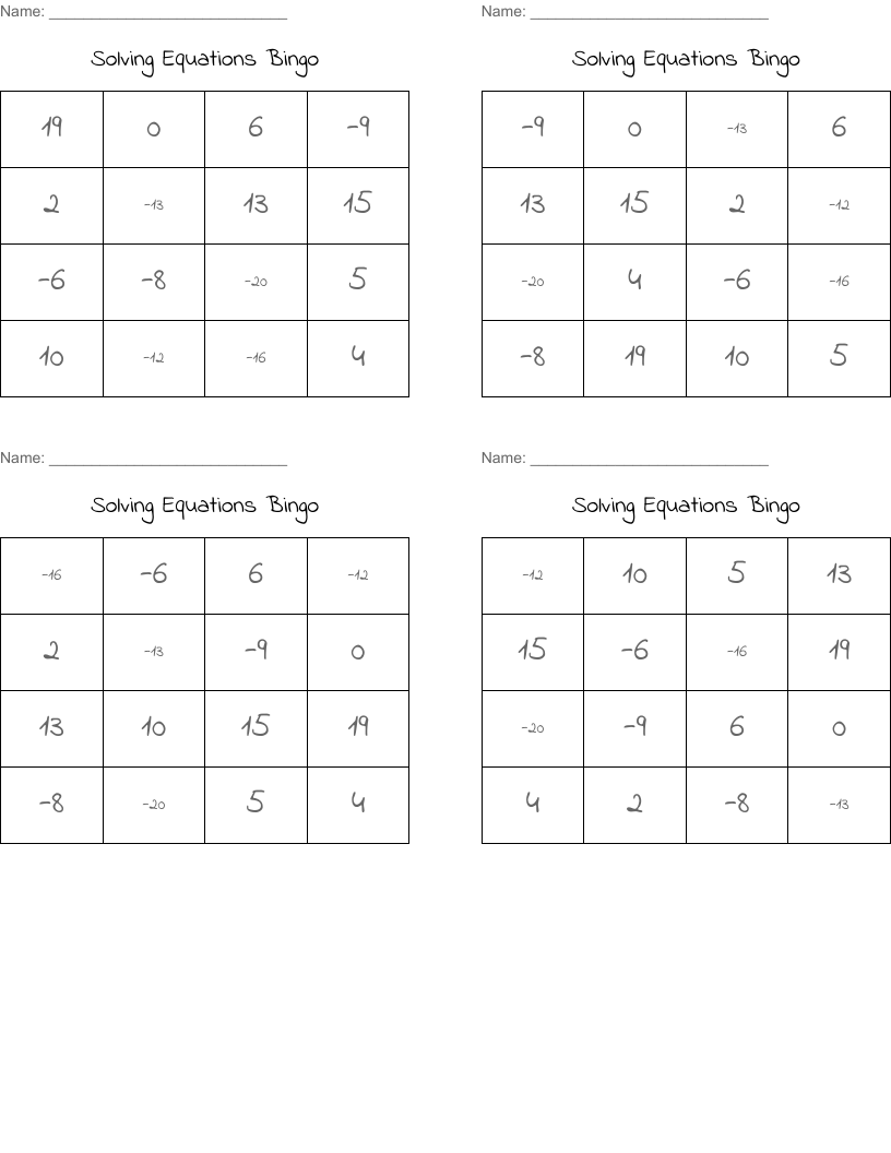 Solving Equations Bingo - WordMint