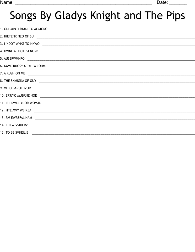 Songs By Gladys Knight and The Pips Word Scramble - WordMint
