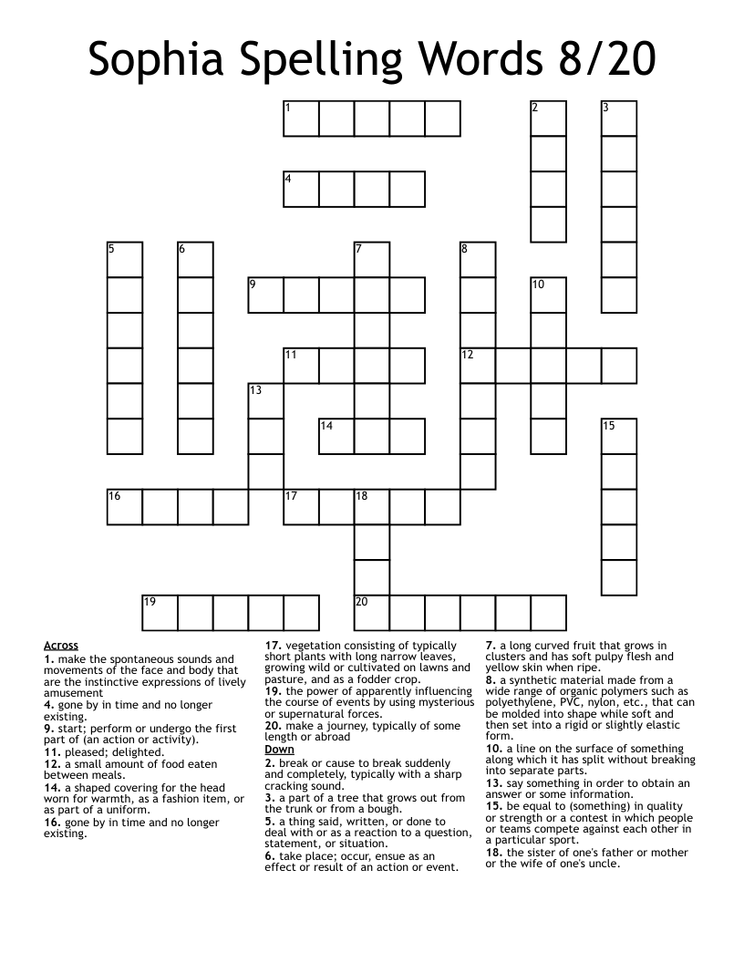 Sophia Spelling Words 8/20 Crossword - WordMint