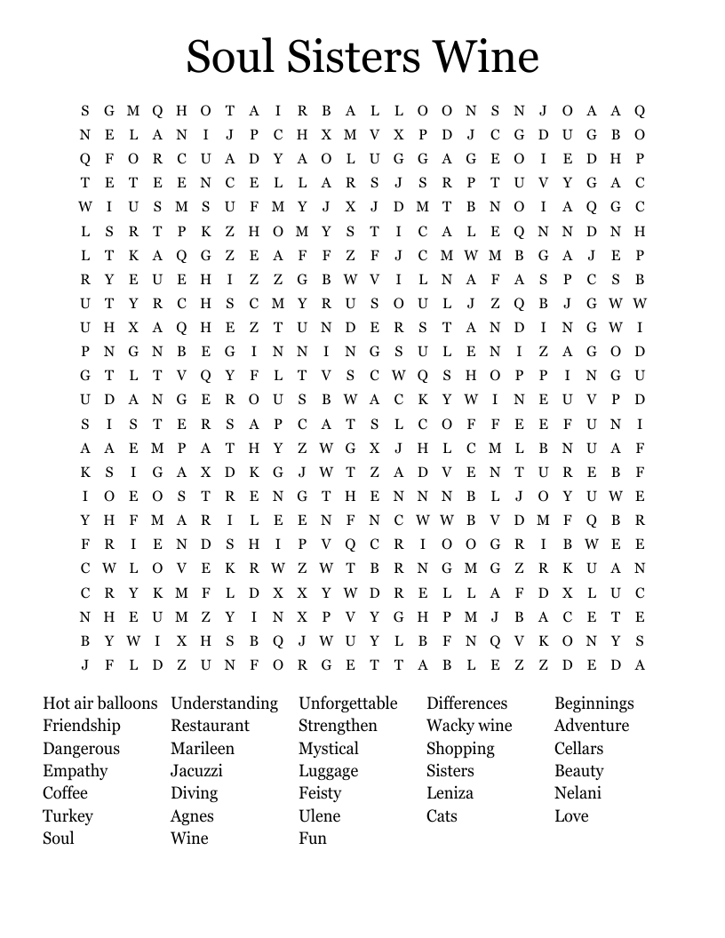 Soul Sisters Wine Word Search - WordMint