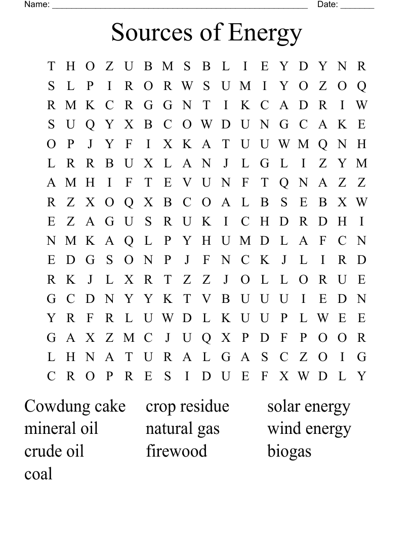 Sources Of Energy Word Search WordMint