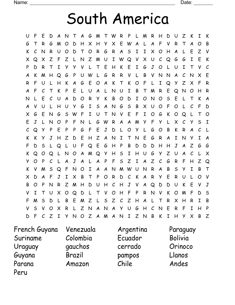 South America Word Search WordMint