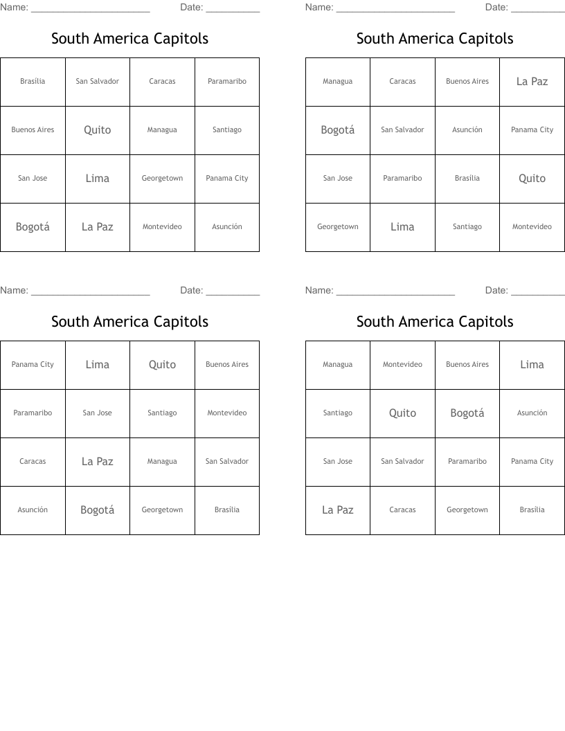 South America Capitols Bingo Cards - WordMint