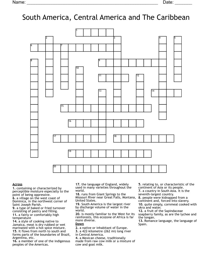 South America, Central America and The Caribbean Crossword - WordMint