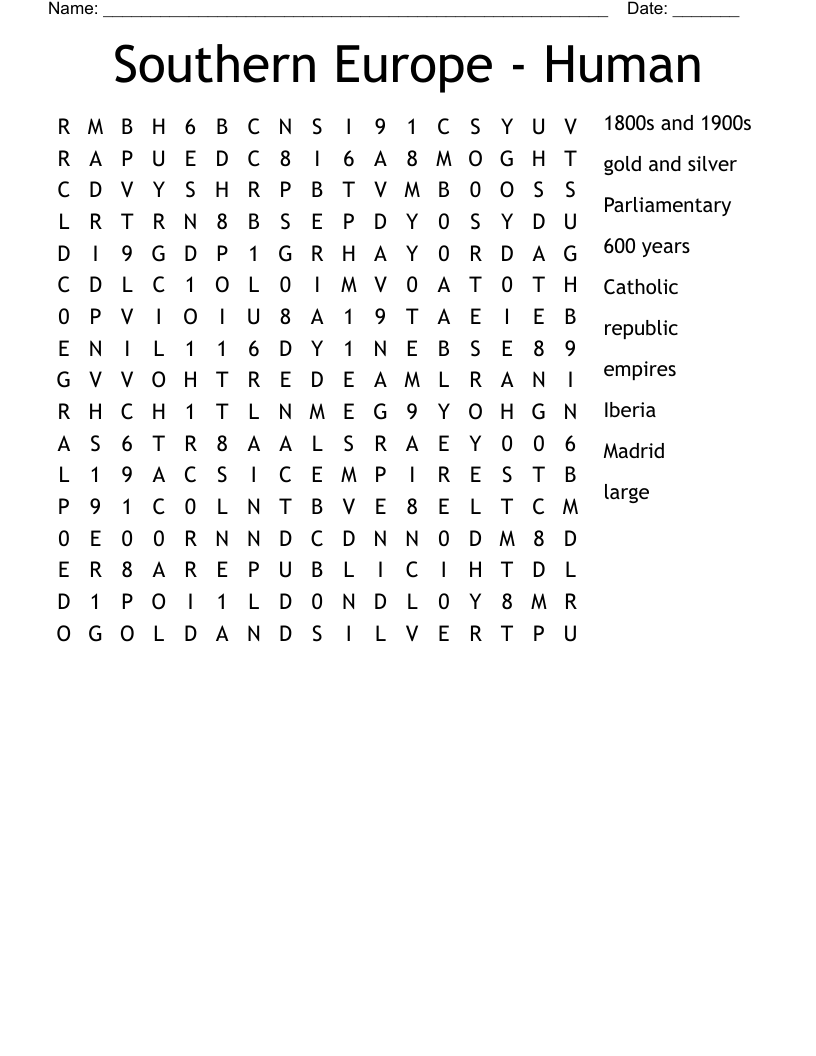 Southern Europe - Human Word Search - WordMint