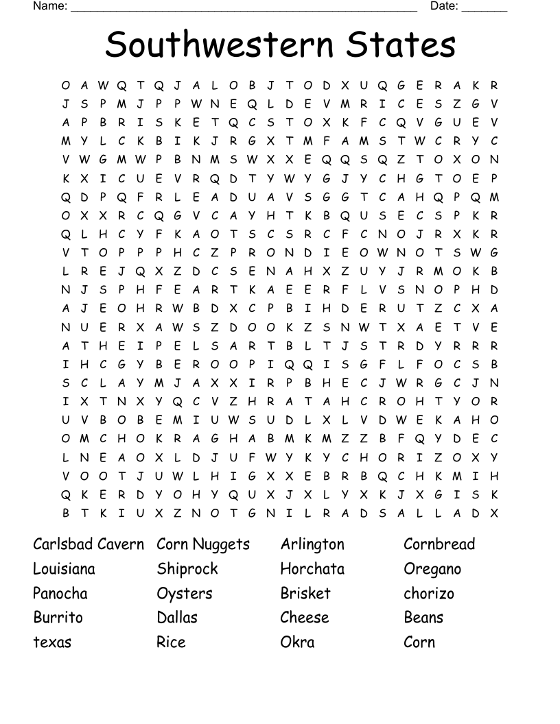Southwestern States Word Search - WordMint