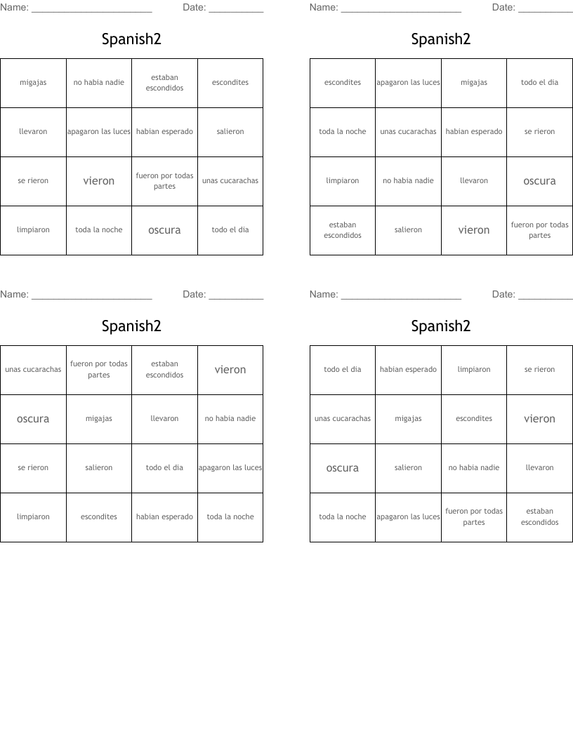 Spanish2 Bingo Cards - WordMint
