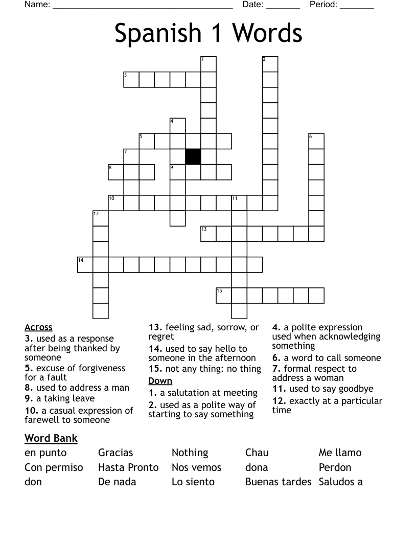 Spanish 1 Words Crossword - WordMint