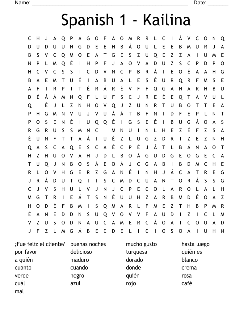 Spanish 1 - Kailina Word Search - WordMint
