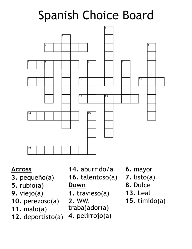 Spanish Choice Board Crossword - WordMint