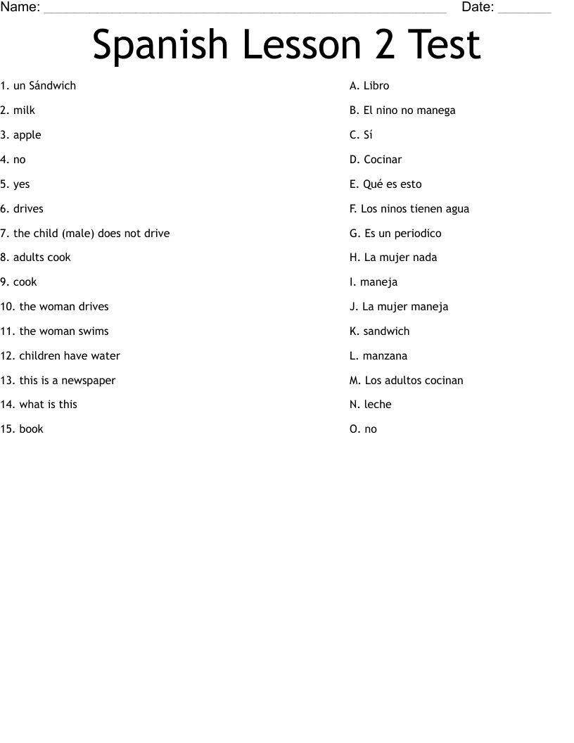 Spanish Lesson 2 Test Worksheet WordMint