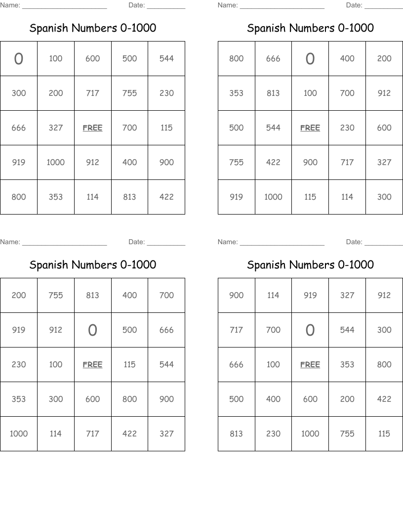 Spanish Numbers 0 1000 Bingo Cards WordMint