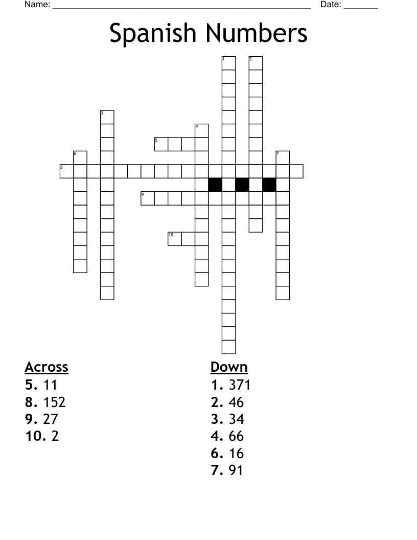 Spanish Numbers Crossword - WordMint