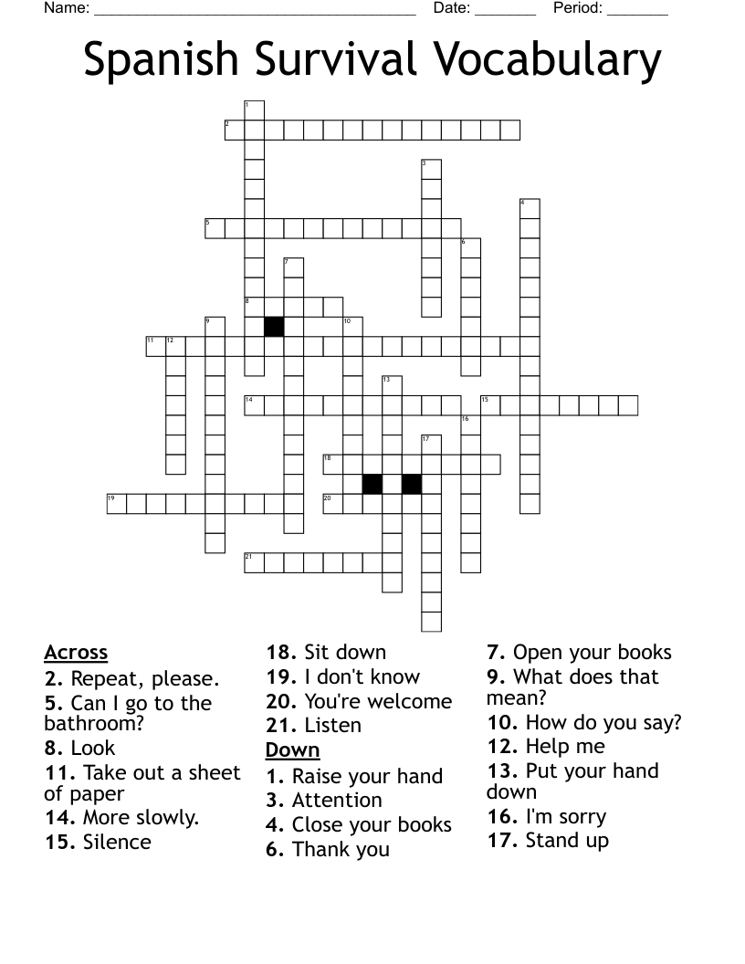Spanish Survival Vocabulary Crossword WordMint