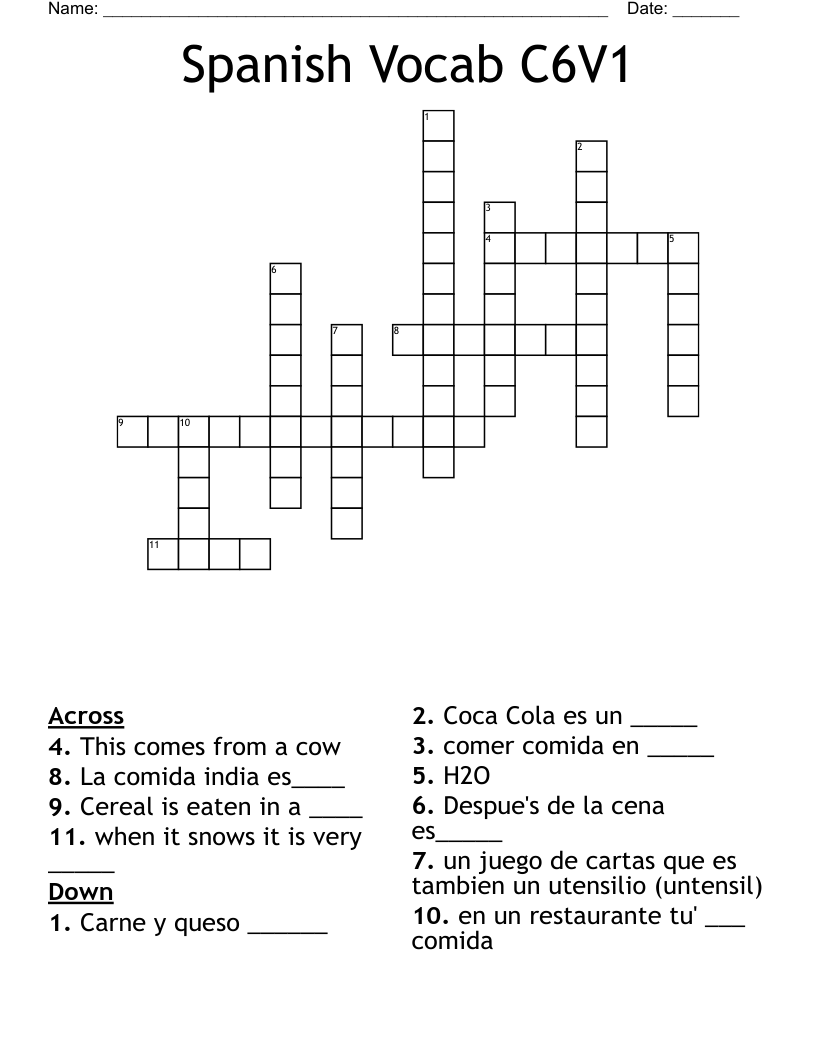Spanish Vocab C6V1 Crossword - WordMint