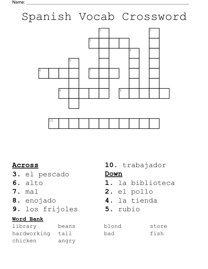 Spanish Vocab Crossword - WordMint
