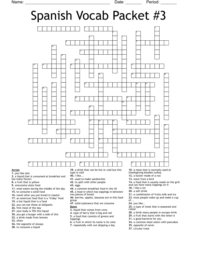 Spanish Vocab Packet #3 Crossword - WordMint