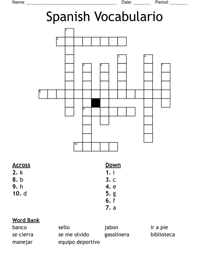 Spanish Vocabulario Crossword - WordMint