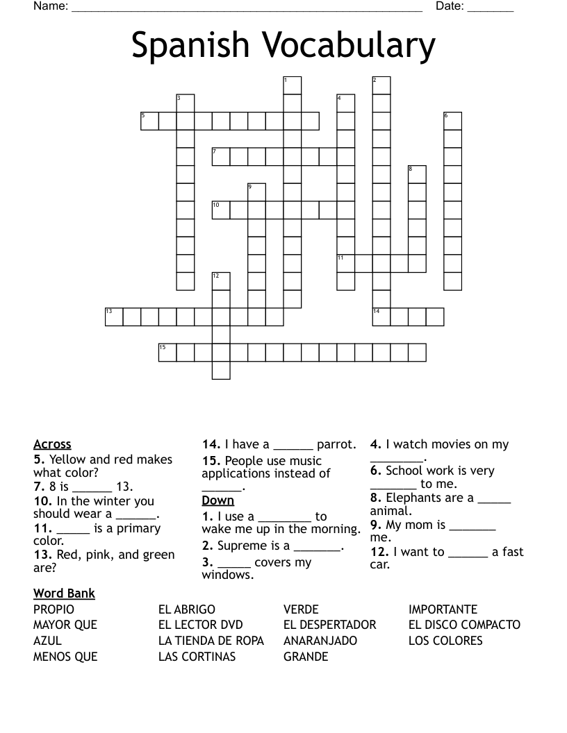 Spanish Vocabulary Crossword - WordMint