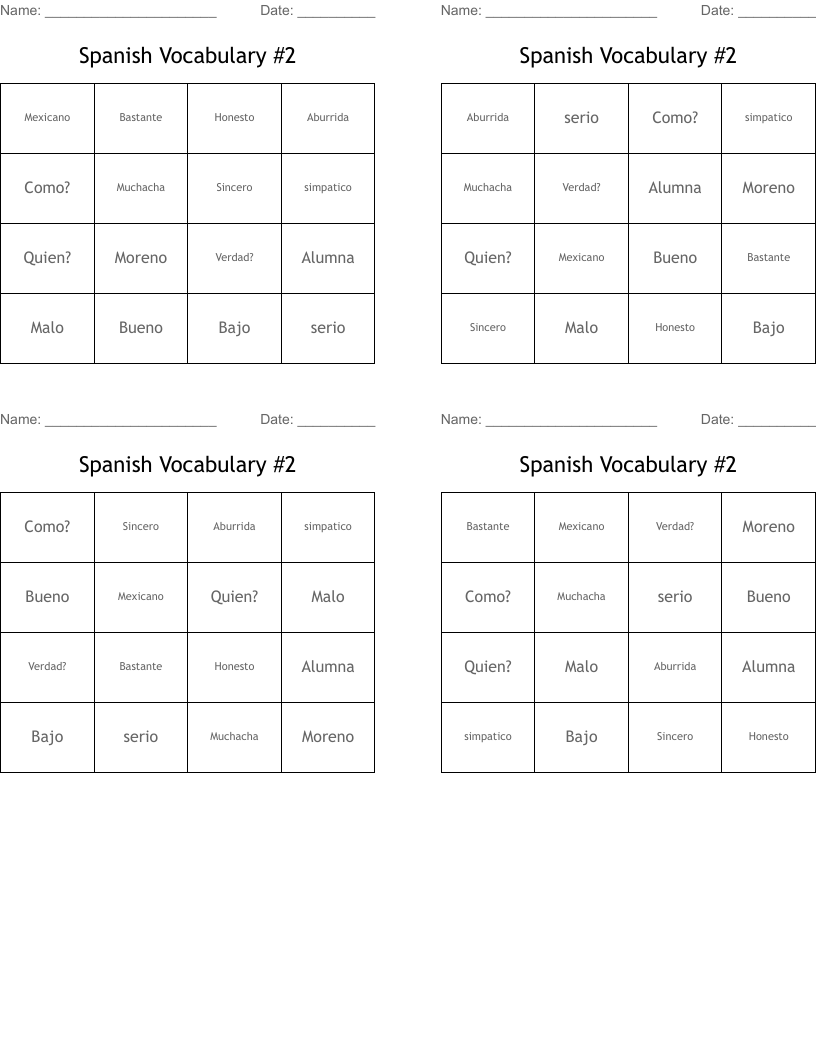 Spanish Vocabulary #2 Bingo Cards - WordMint
