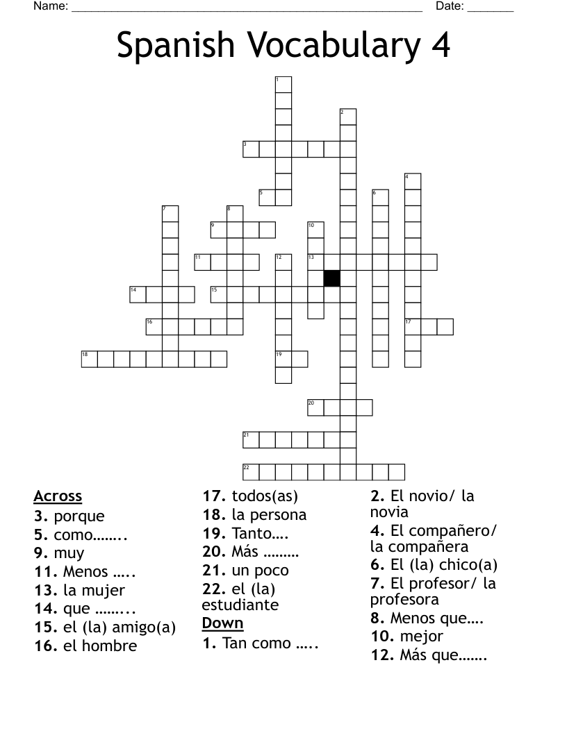 Spanish Vocabulary 4 Crossword - WordMint