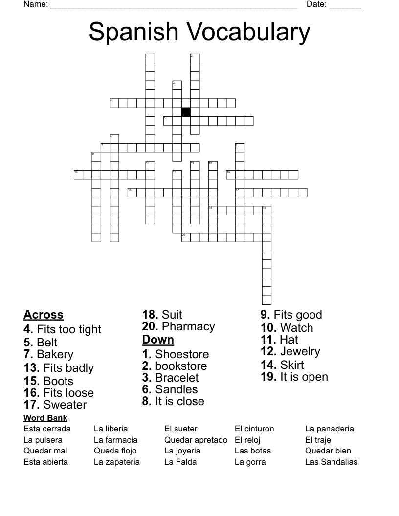 Spanish Vocabulary Crossword WordMint
