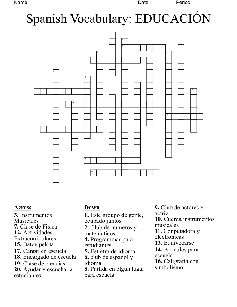 Spanish Vocabulary: EDUCACIÓN Crossword - WordMint