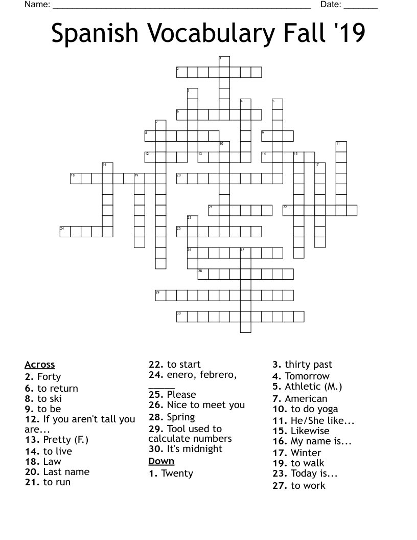 Spanish Vocabulary Fall '19 Crossword - WordMint