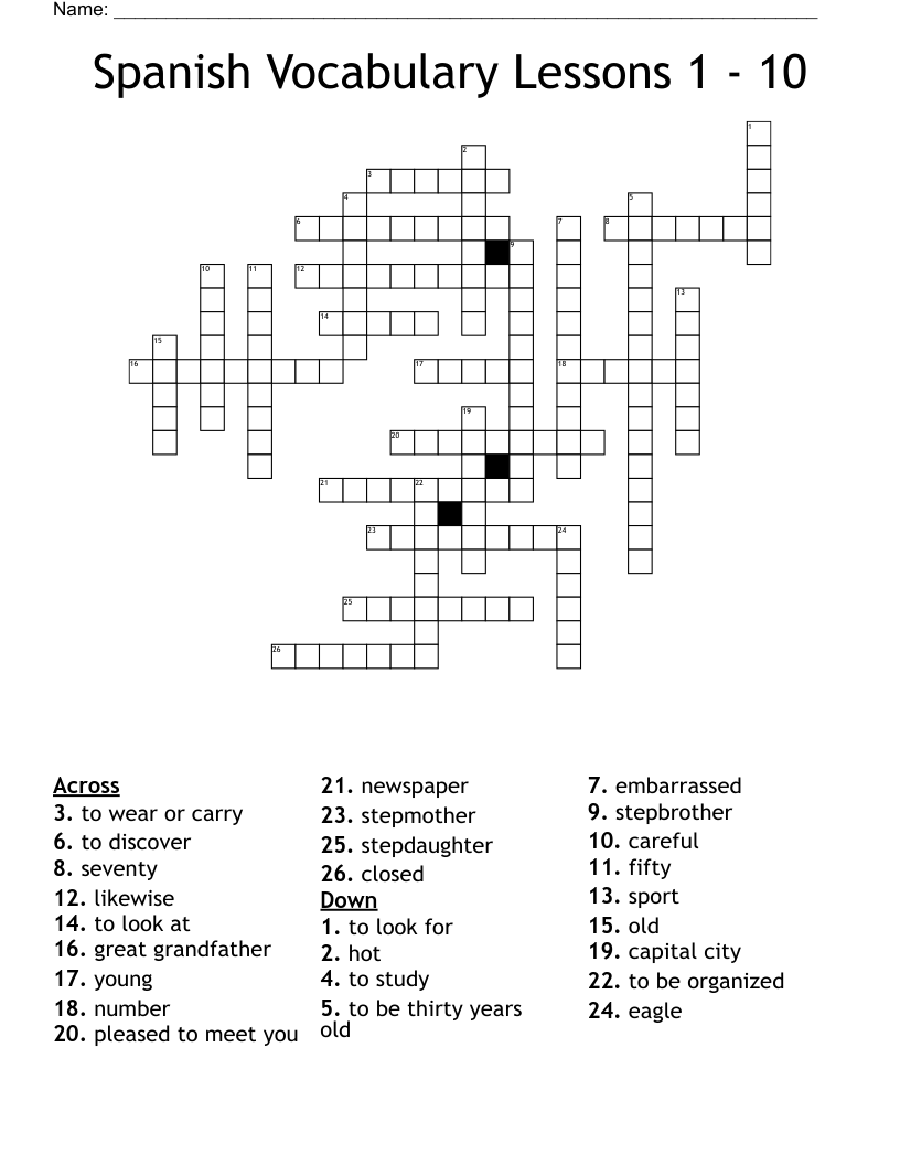 Spanish Vocabulary Lessons 1 - 10 Crossword - WordMint