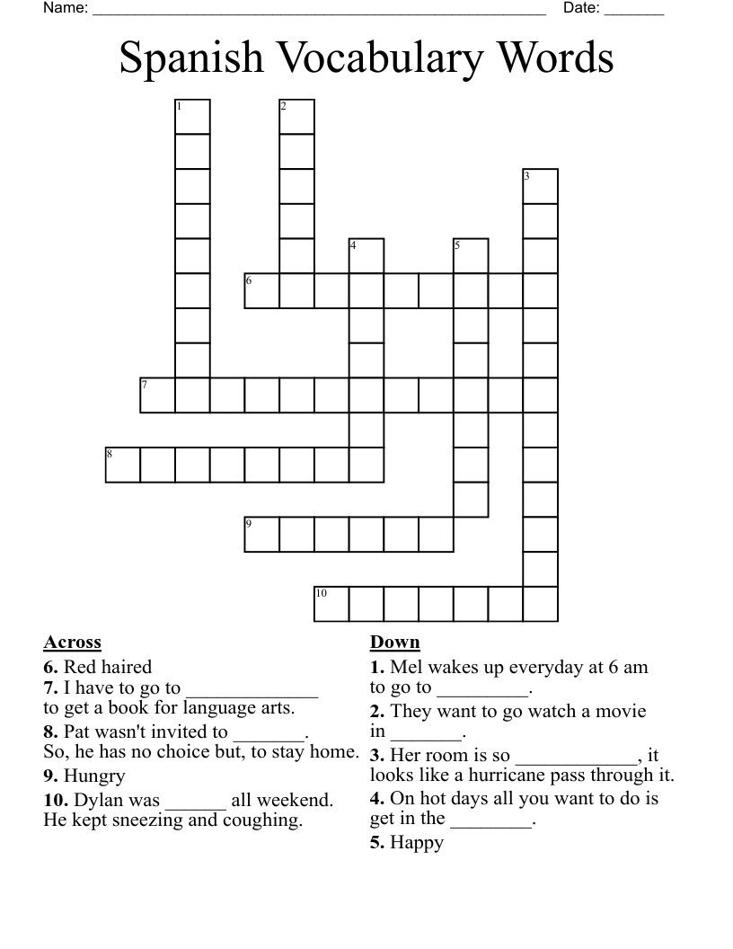 Spanish Vocabulary Words Crossword - WordMint