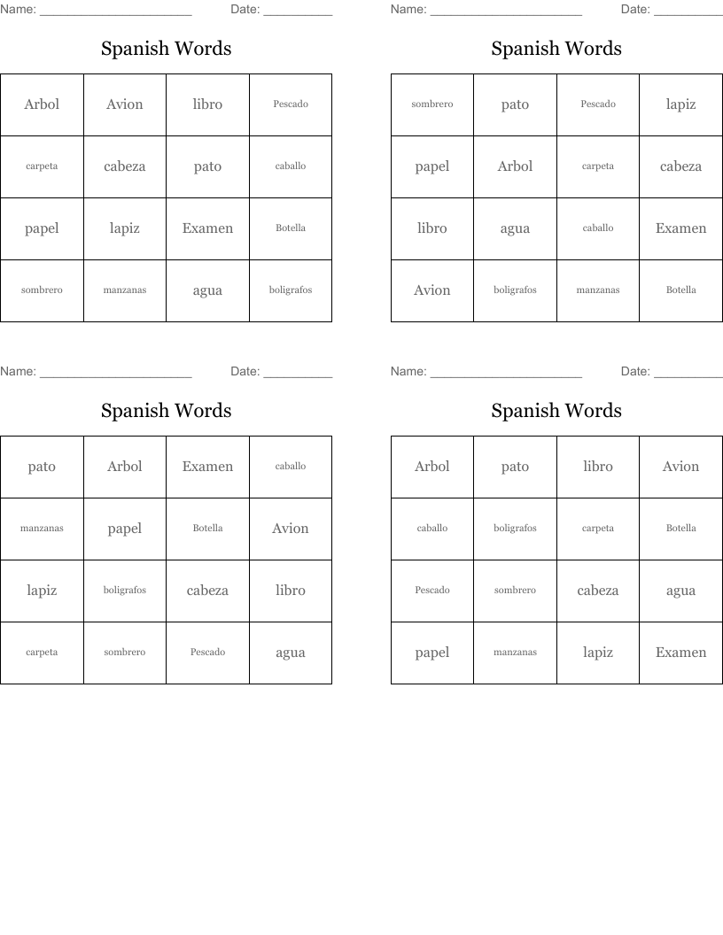Spanish Words Bingo Cards - WordMint