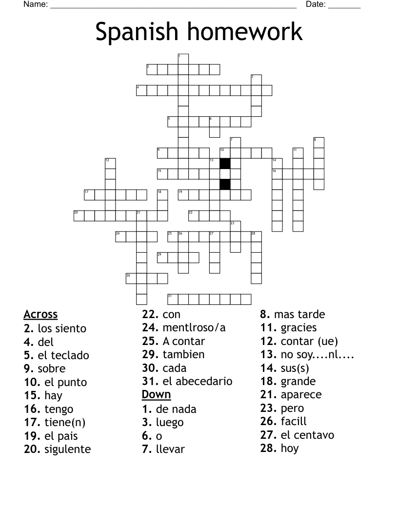 Spanish homework Crossword - WordMint