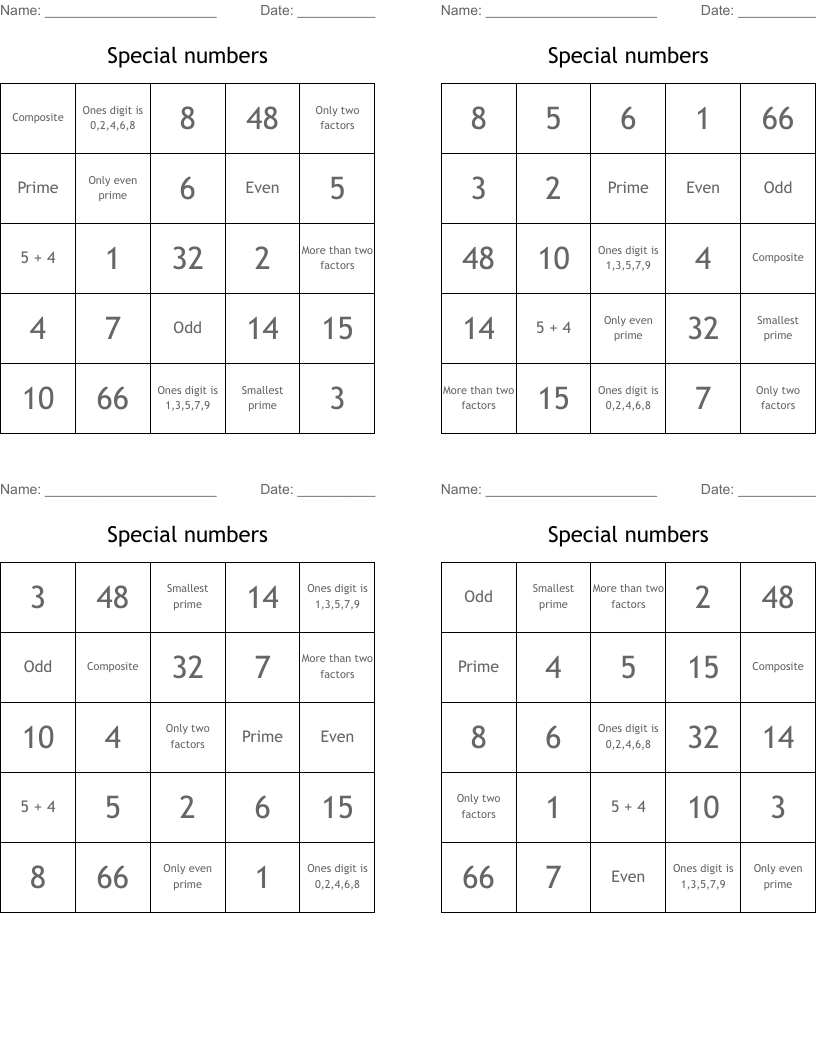 Special Numbers Bingo Cards WordMint