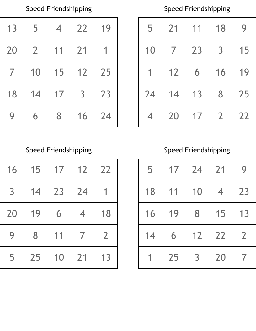 Speed Friendshipping Bingo Cards - WordMint