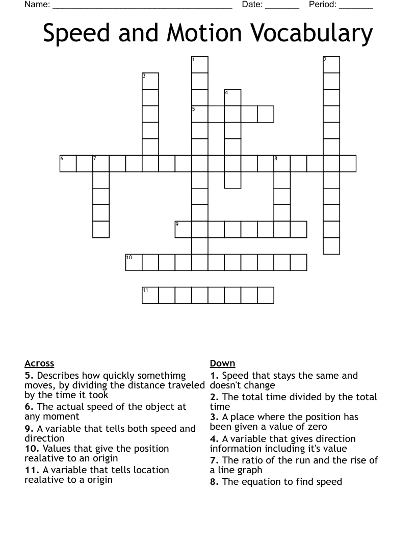 Speed And Motion Vocabulary Crossword WordMint